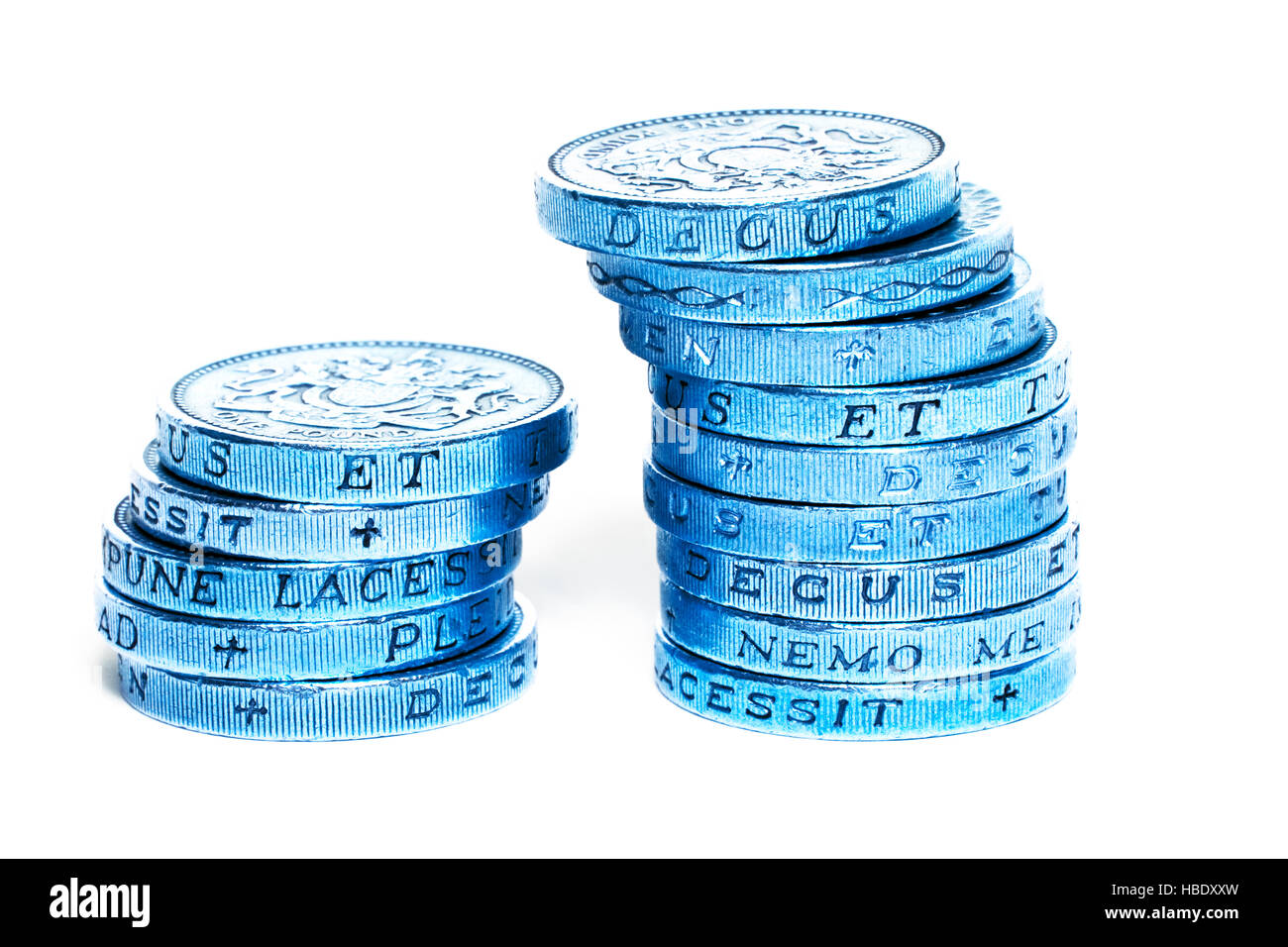 Piles / Stacks of One Pound Coins in a blue color on a white background ...