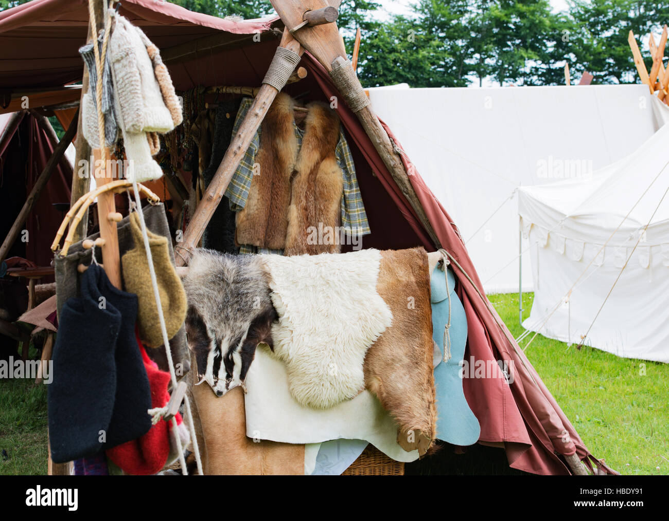 Fur and wool stand on a medieval market Stock Photo - Alamy