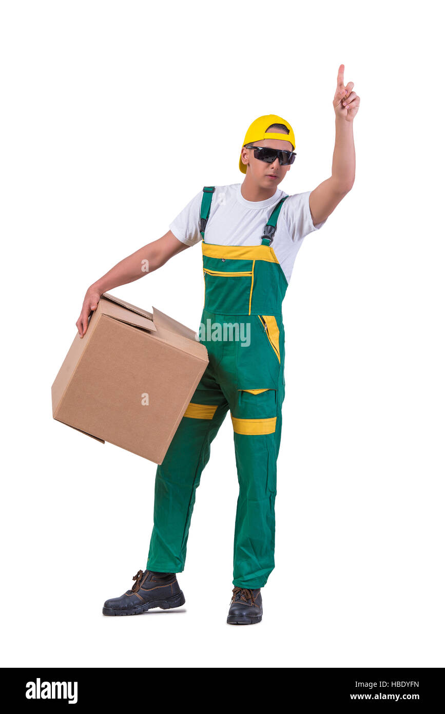 Young man moving boxes isolated on white Stock Photo - Alamy