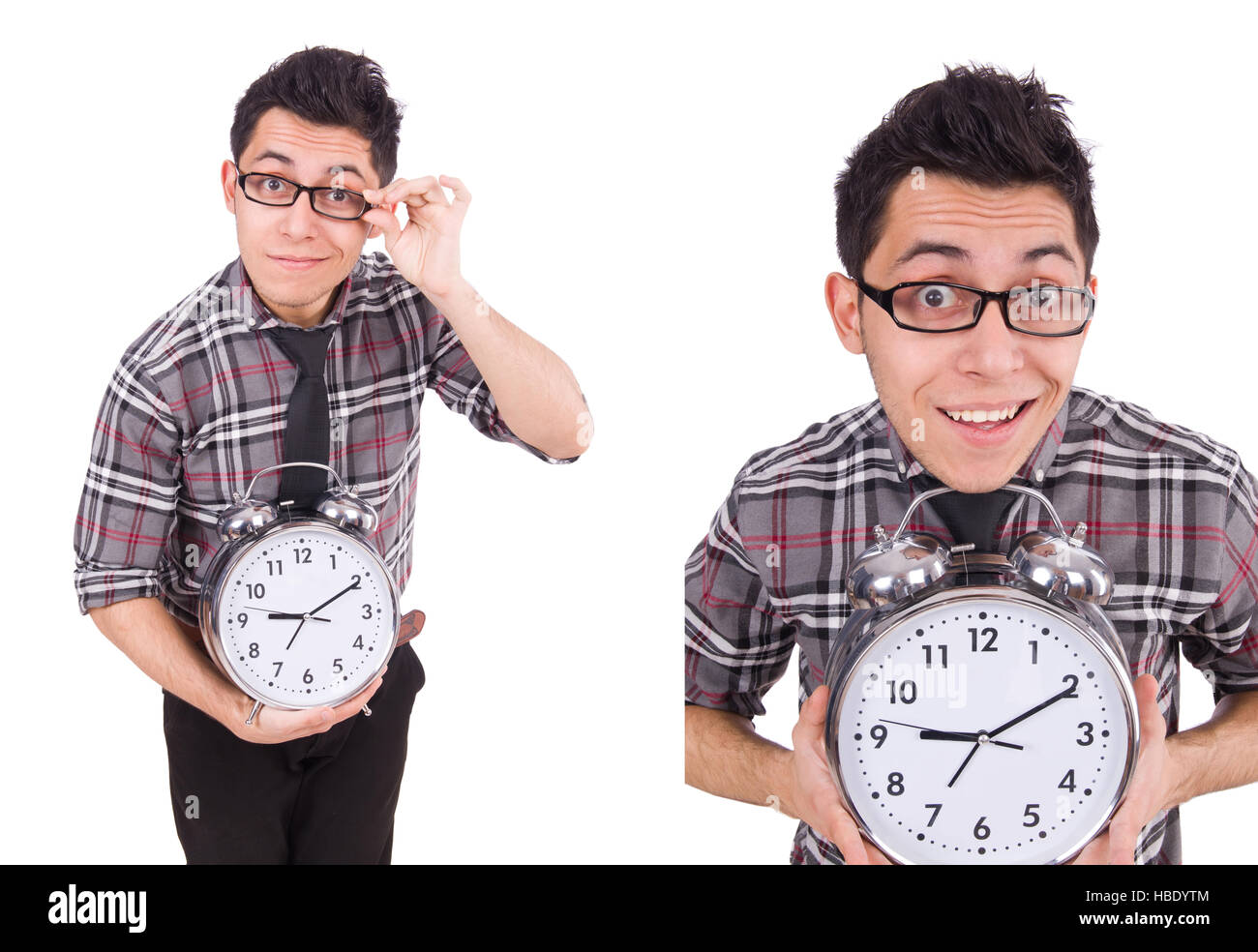 Young man with clock isolated on white Stock Photo - Alamy