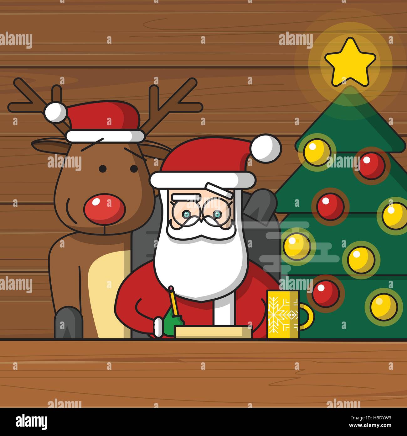 Santa reading a letter with cute reindeer. Flat design vector ...