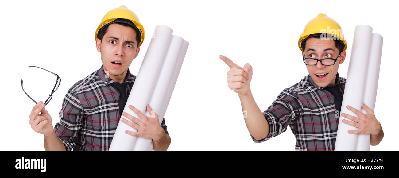 Funny man with blueprints on white Stock Photo - Alamy