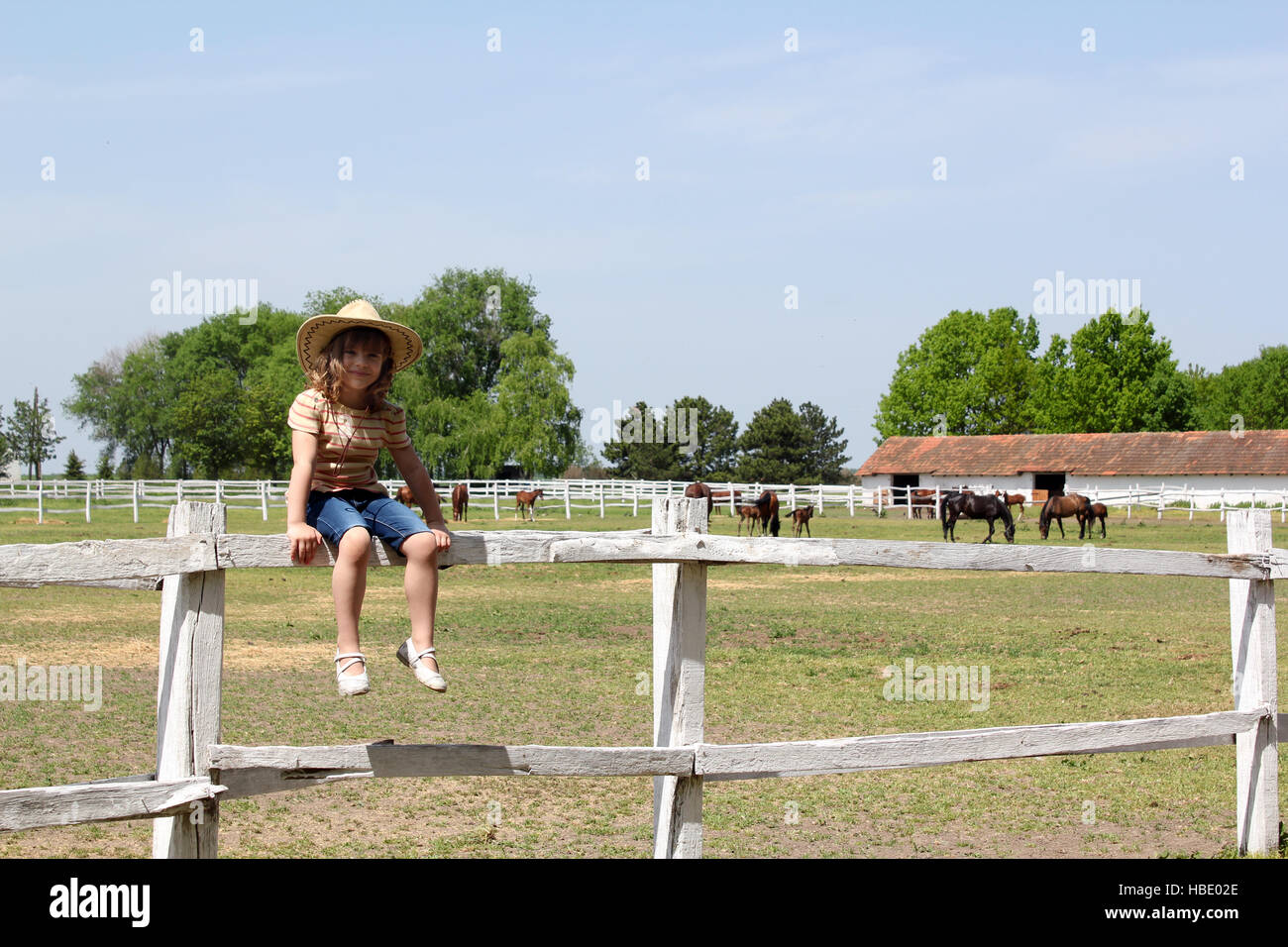little girl sitting on corral fence farm scene Stock Photo - Alamy