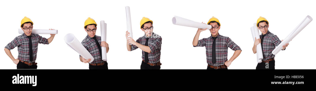 Funny man with blueprints on white Stock Photo - Alamy