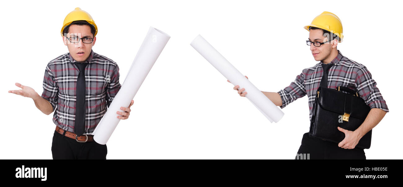Funny man with blueprints on white Stock Photo - Alamy