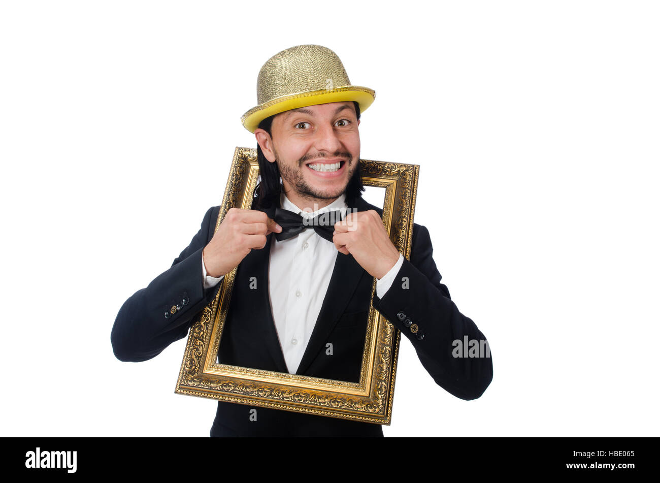 Man with picture frame isolated on white Stock Photo - Alamy
