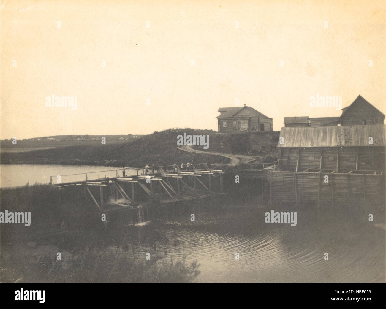 Vintage photography. Wooden dam and mill on the river Zhabnya - inflow ...