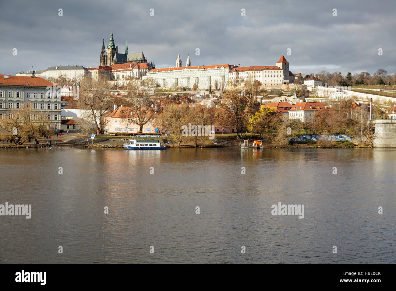 Prague Castle viewed over the Vlatva River by the Manesuv Most Bridge ...