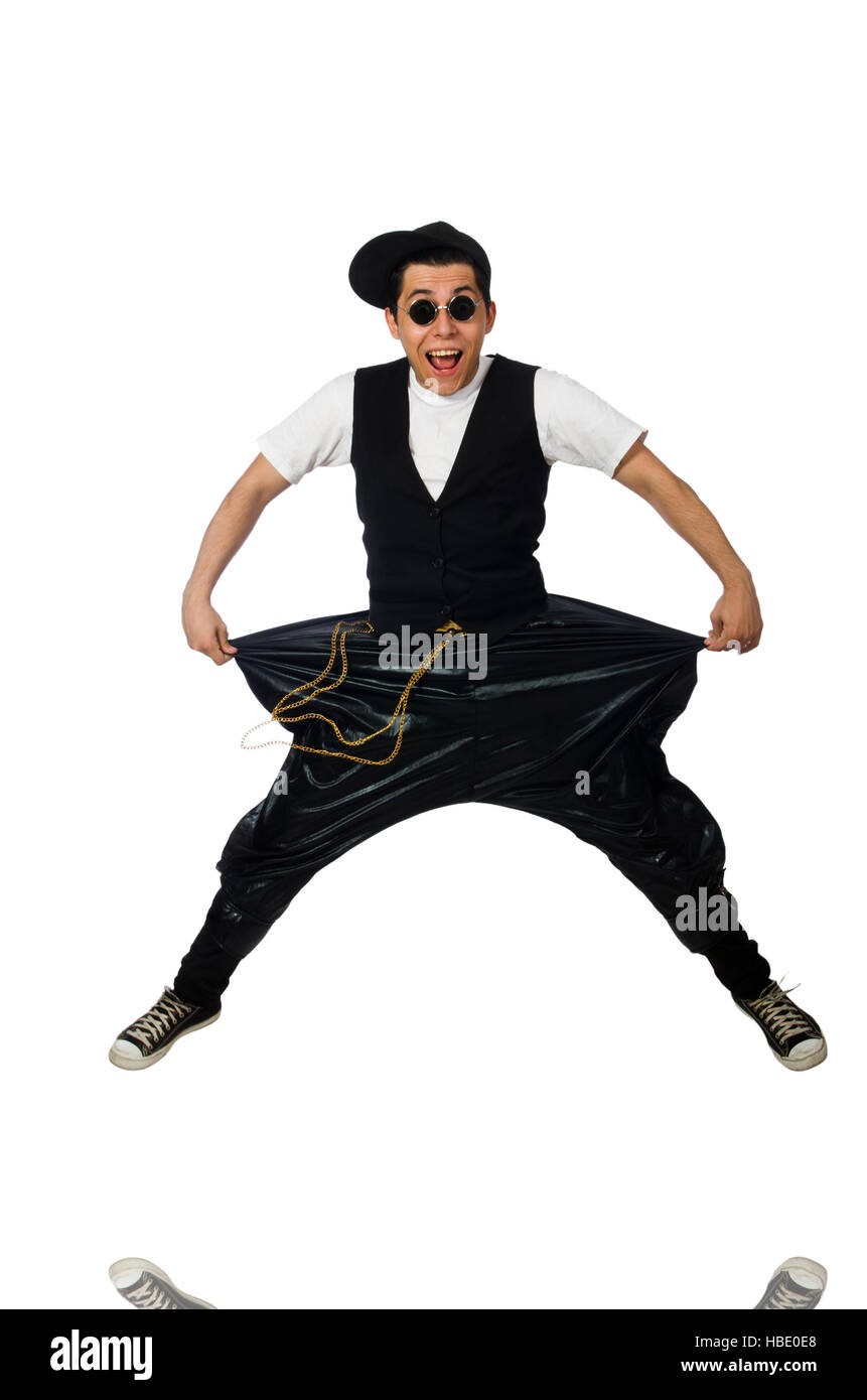 Funny young man dancing isolated on white Stock Photo - Alamy