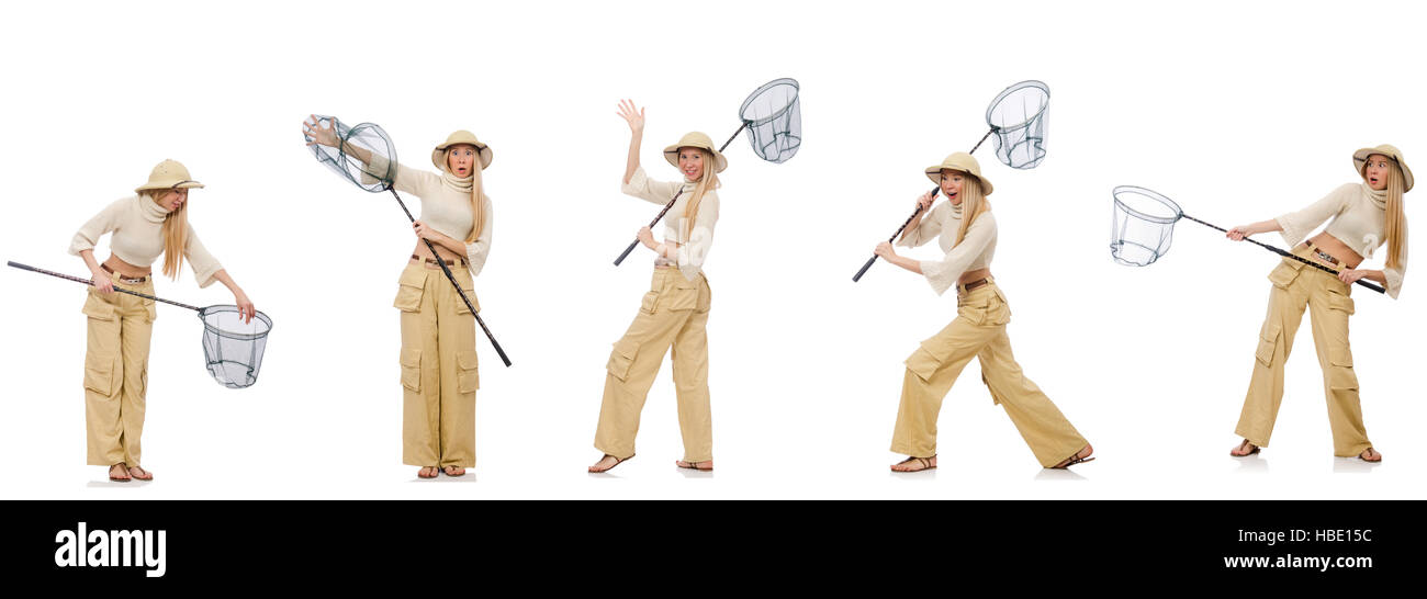 Woman with catching net on white Stock Photo - Alamy