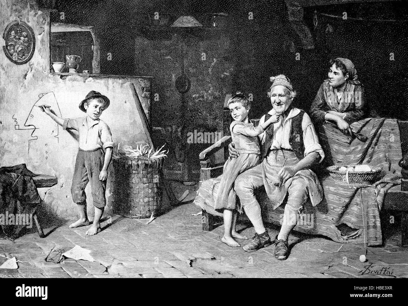 Family scene in the 19th century. The grandson draws a portrait of ...