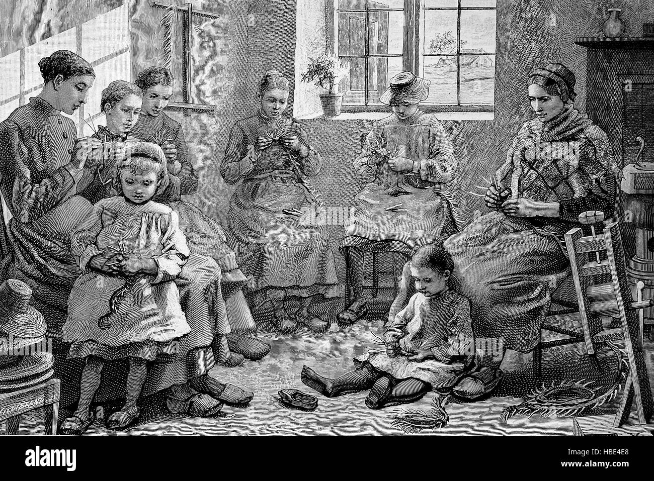 straw weaving, Braiding with straw, Belgium, illustration, woodcut from ...