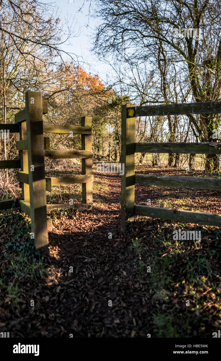 Wooden, gated entrance to a public footpath at the edge of a woods as ...