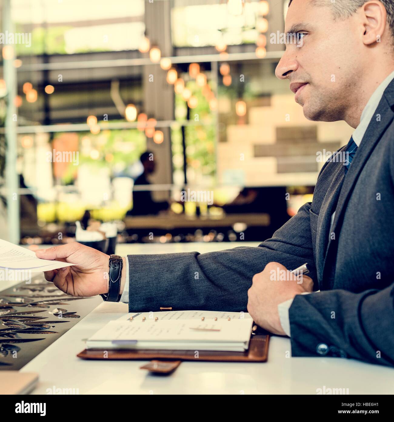Business Man Handing Out Report Restaurant Table Concept Stock Photo ...