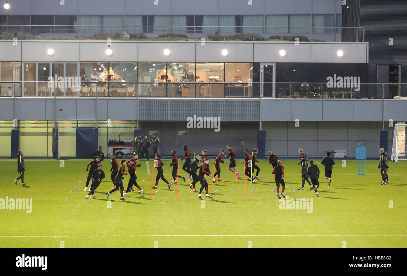 Manchester City players perform drills during a training session at the ...