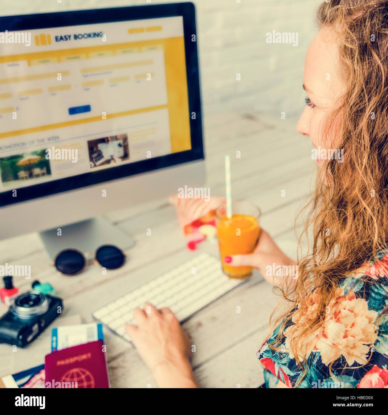 Woman Booking Flight Ticket Concept Stock Photo - Alamy