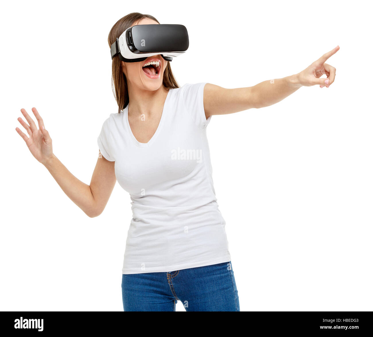 Woman with virtual reality goggles Stock Photo - Alamy