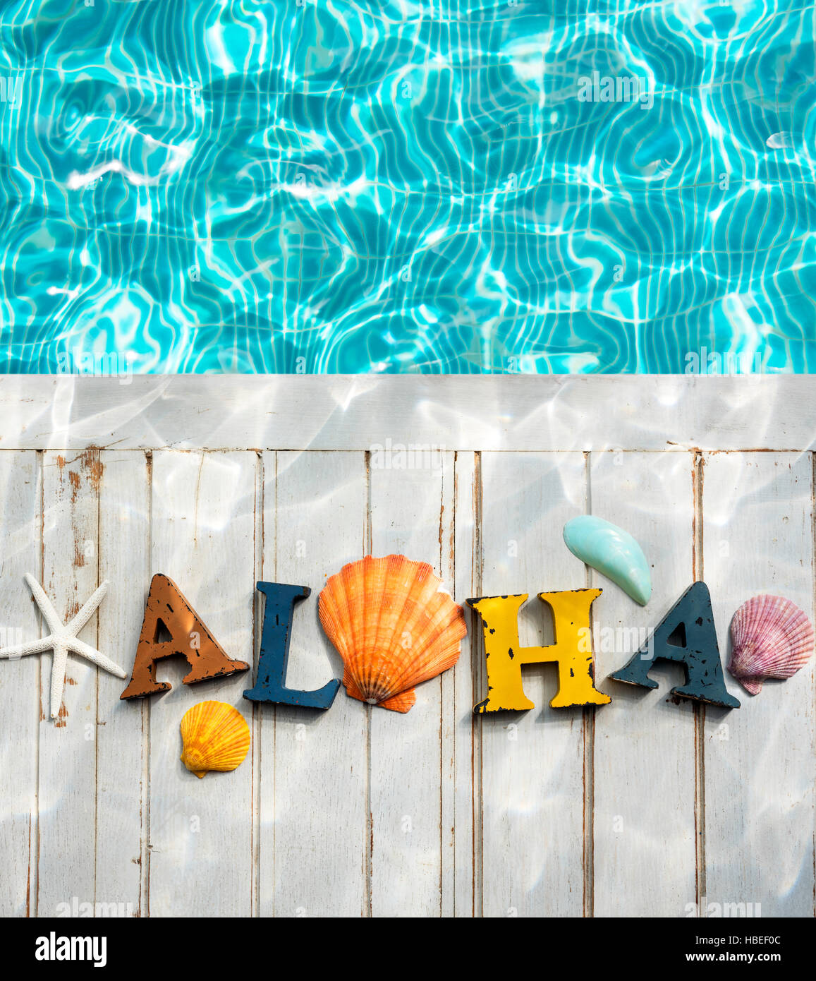 Aloha Text Swimming Pool Water Shells Concept Stock Photo - Alamy