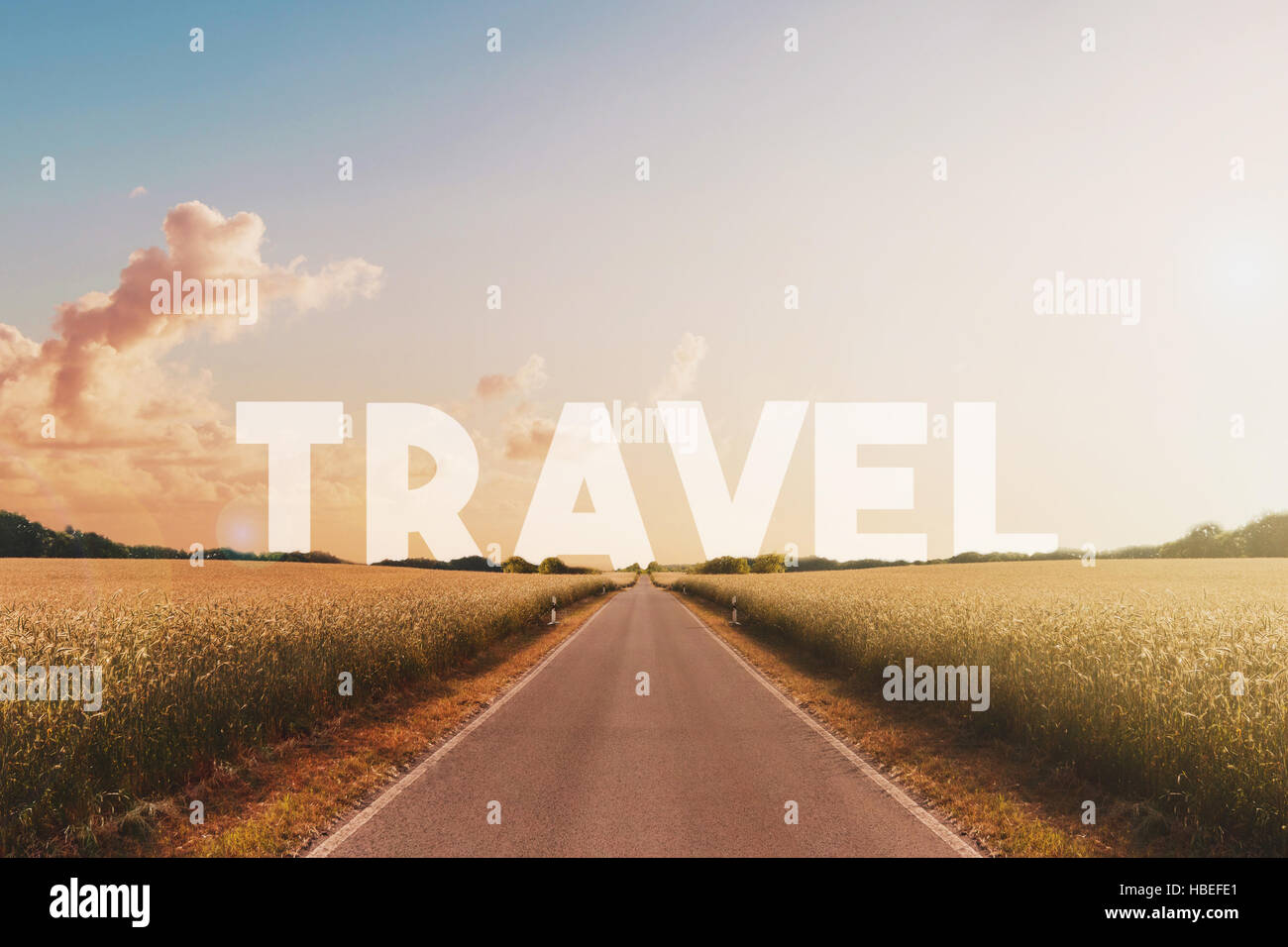travel concept - landscape, text on horizon, straight empty road Stock ...