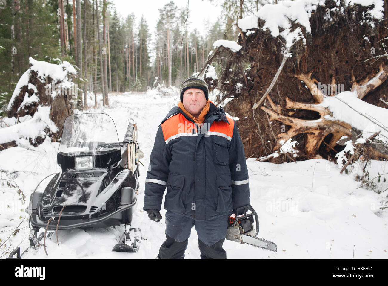 Proffesional Lumberjack hold hand saw. Winter wearing protection ...