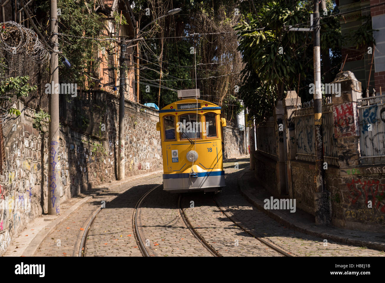 The Santa Teresa bonde historic tram line rides down the hill from the ...