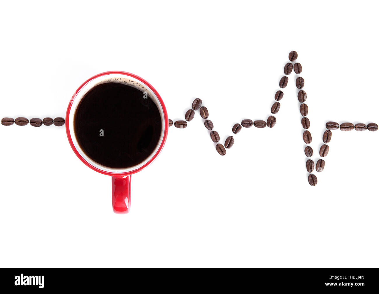 Red cup of coffee with heartbeat beans on white background Stock Photo ...
