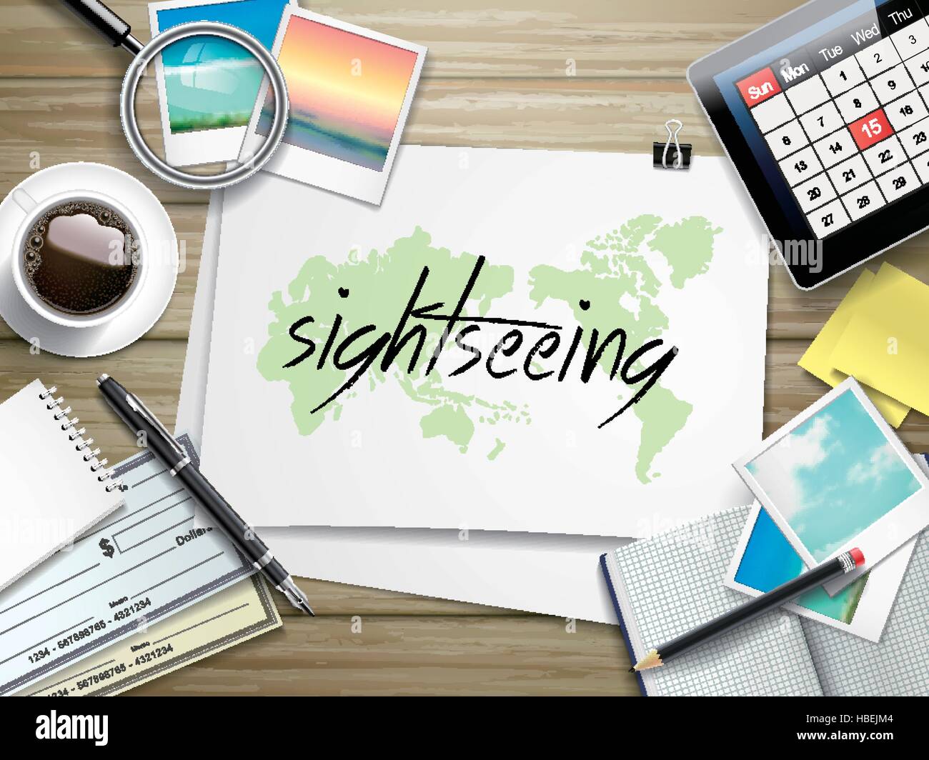 top view of travel items on wooden table with sightseeing word written ...