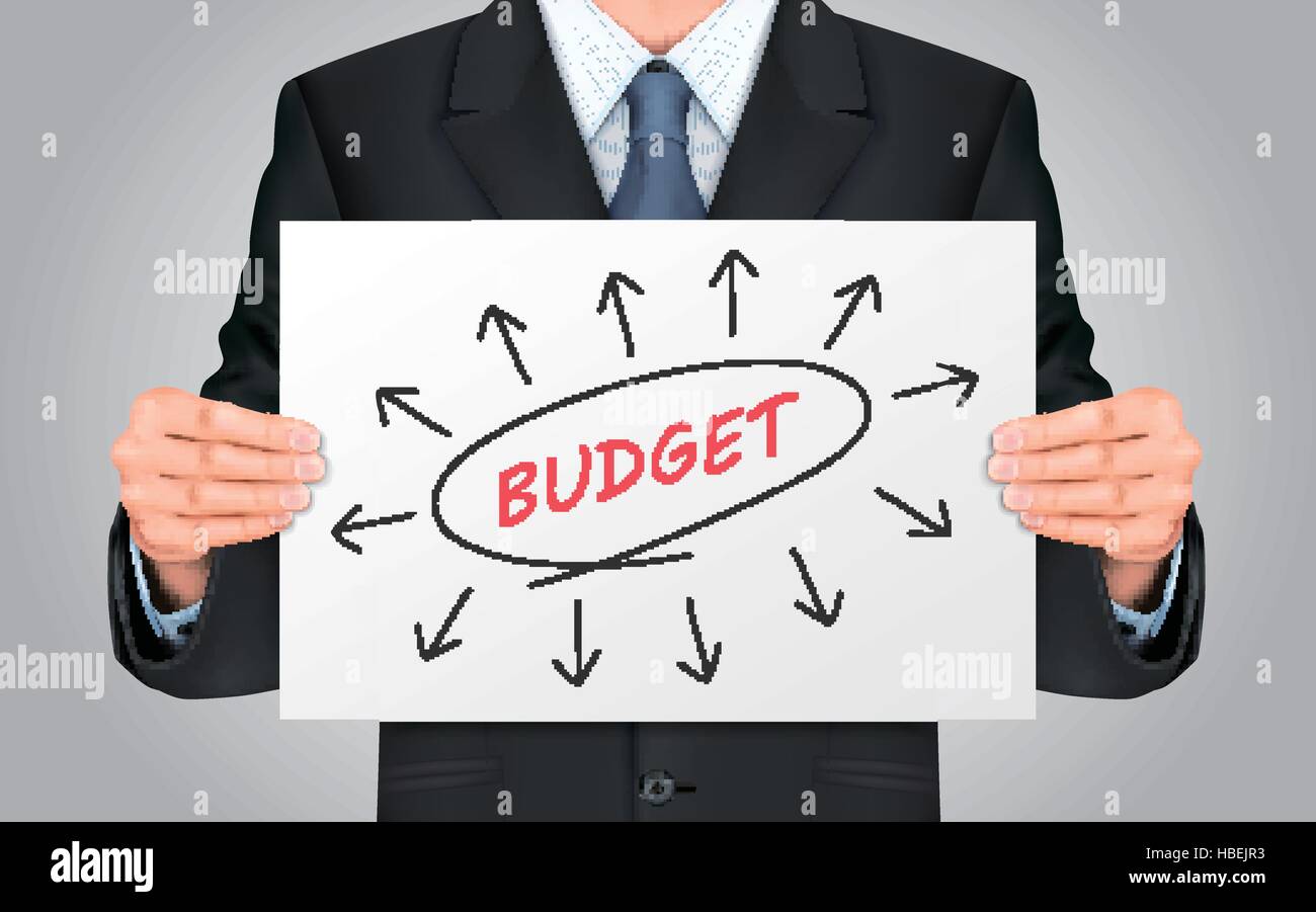 close-up look at businessman holding budget word poster Stock Vector ...