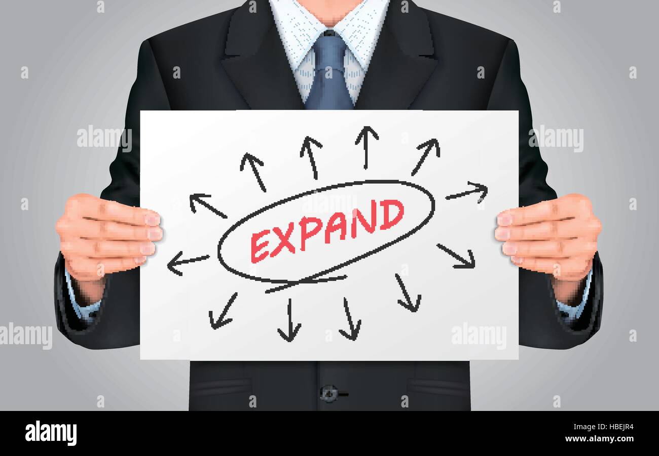 close-up look at businessman holding expand word poster Stock Vector ...