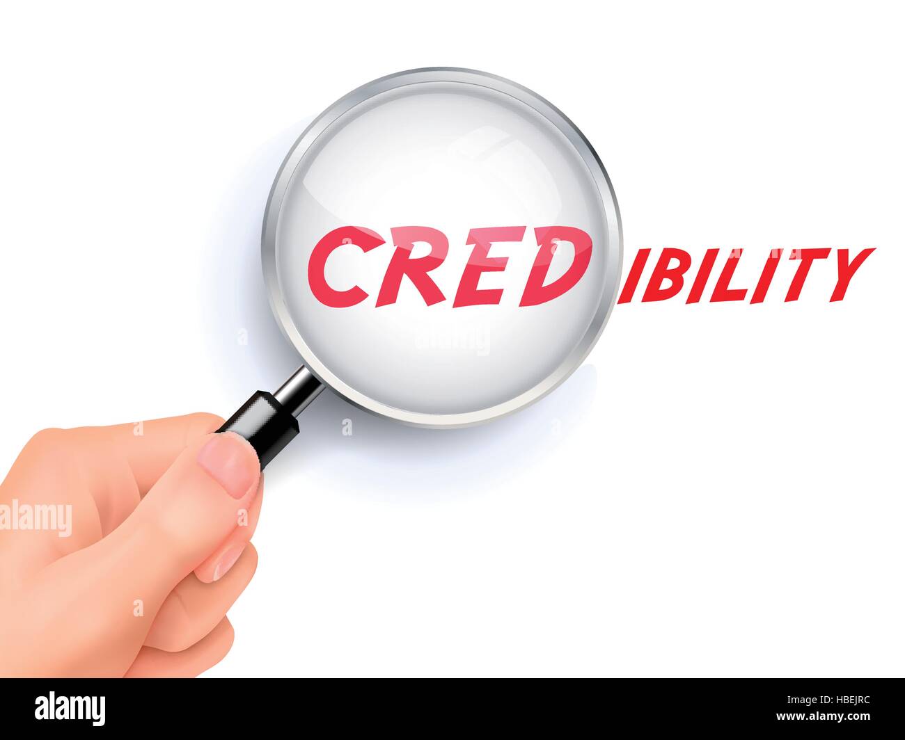 credibility word showing through magnifying glass held by hand Stock ...