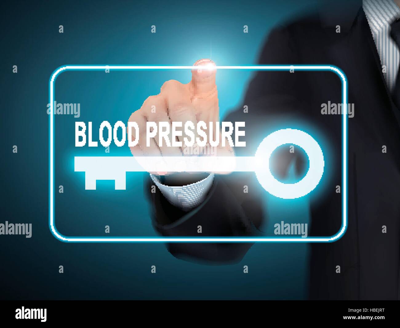 male hand pressing blood pressure key button over blue abstract ...