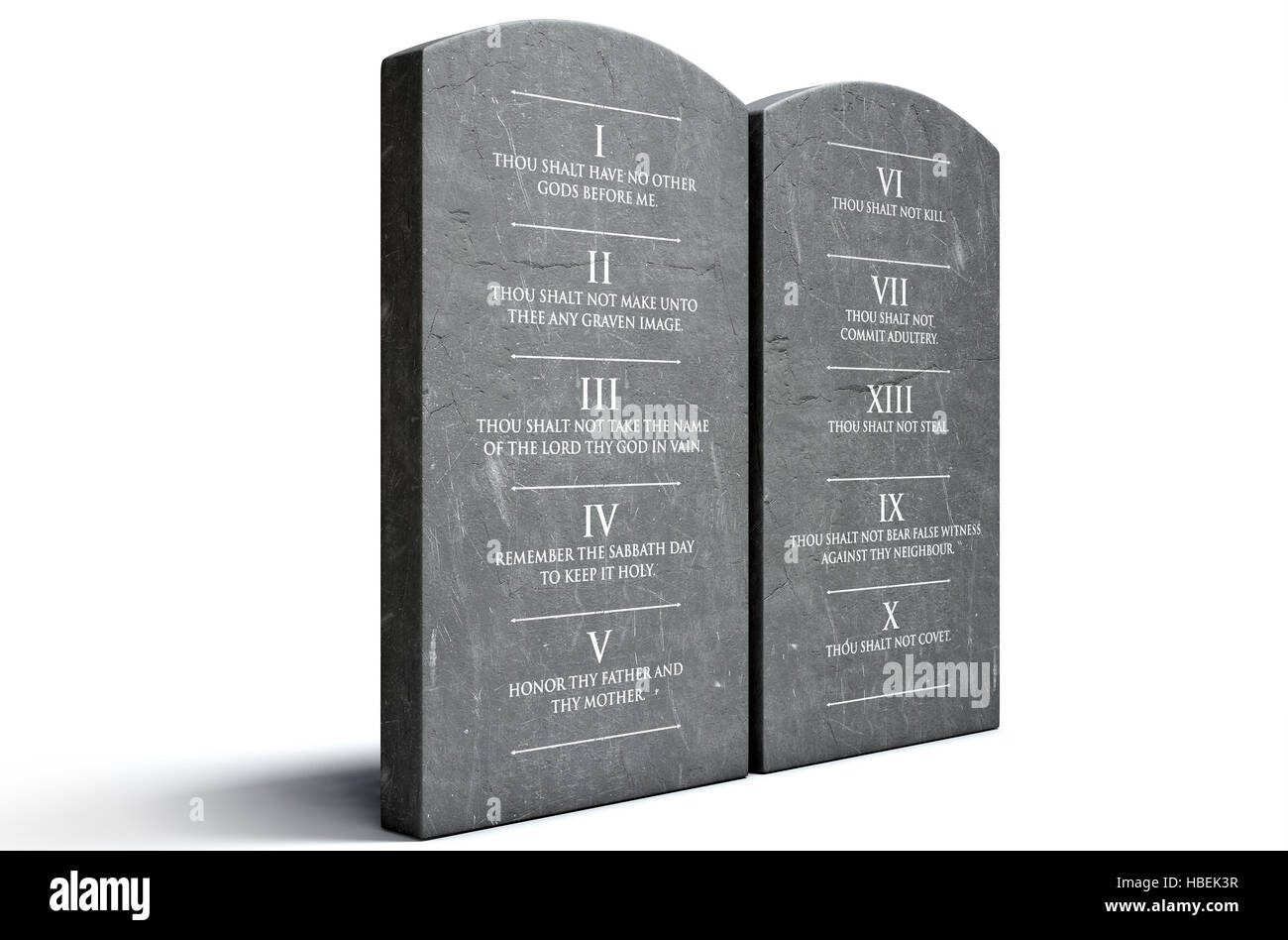 A 3D render of two stone tablets with the ten commandments etched on ...