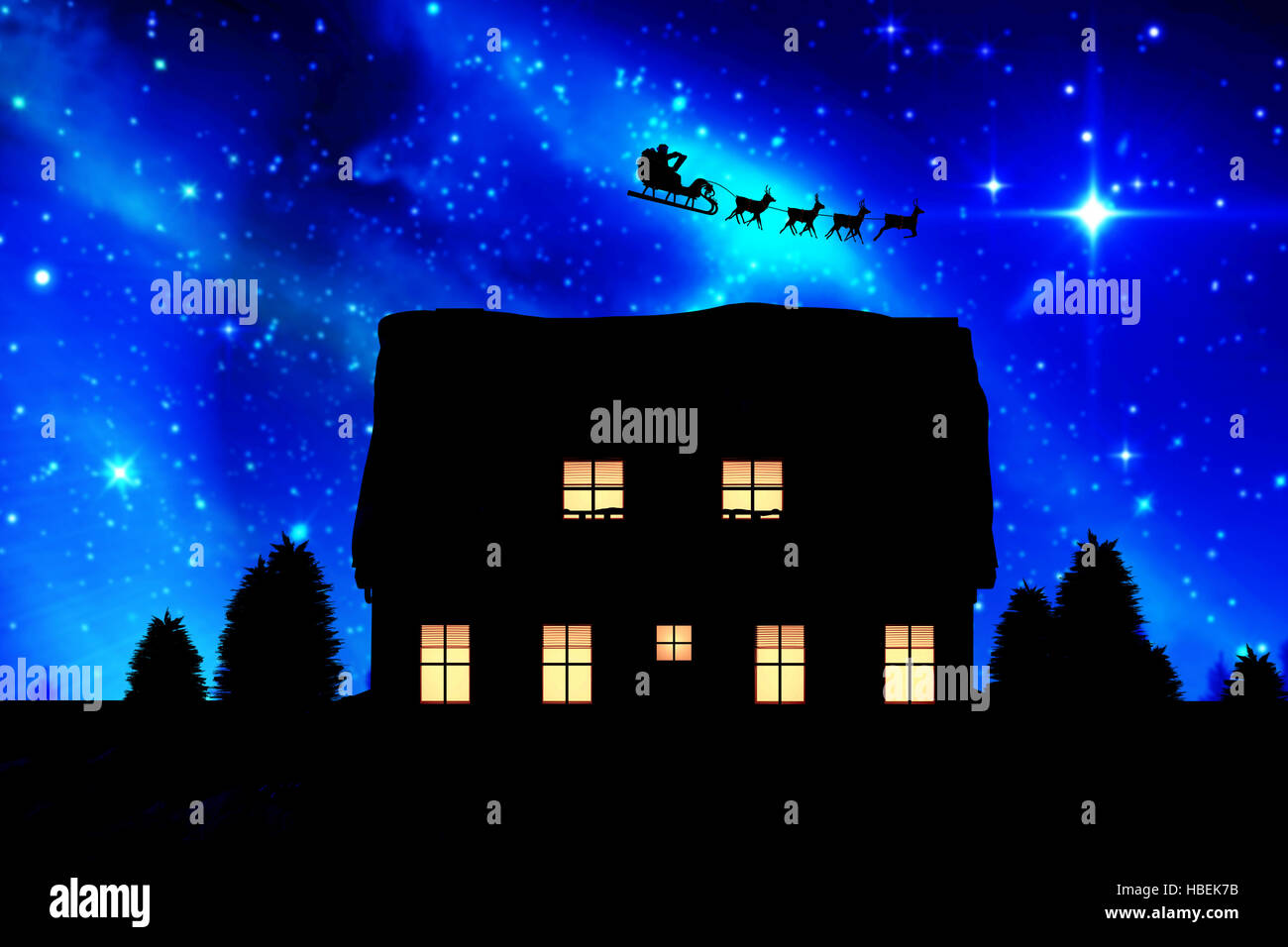 Composite image of side view of santa claus riding on sleigh during ...