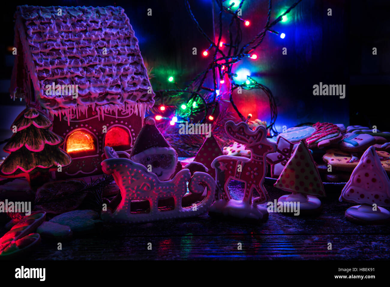 Gingerbread house with lights Stock Photo - Alamy