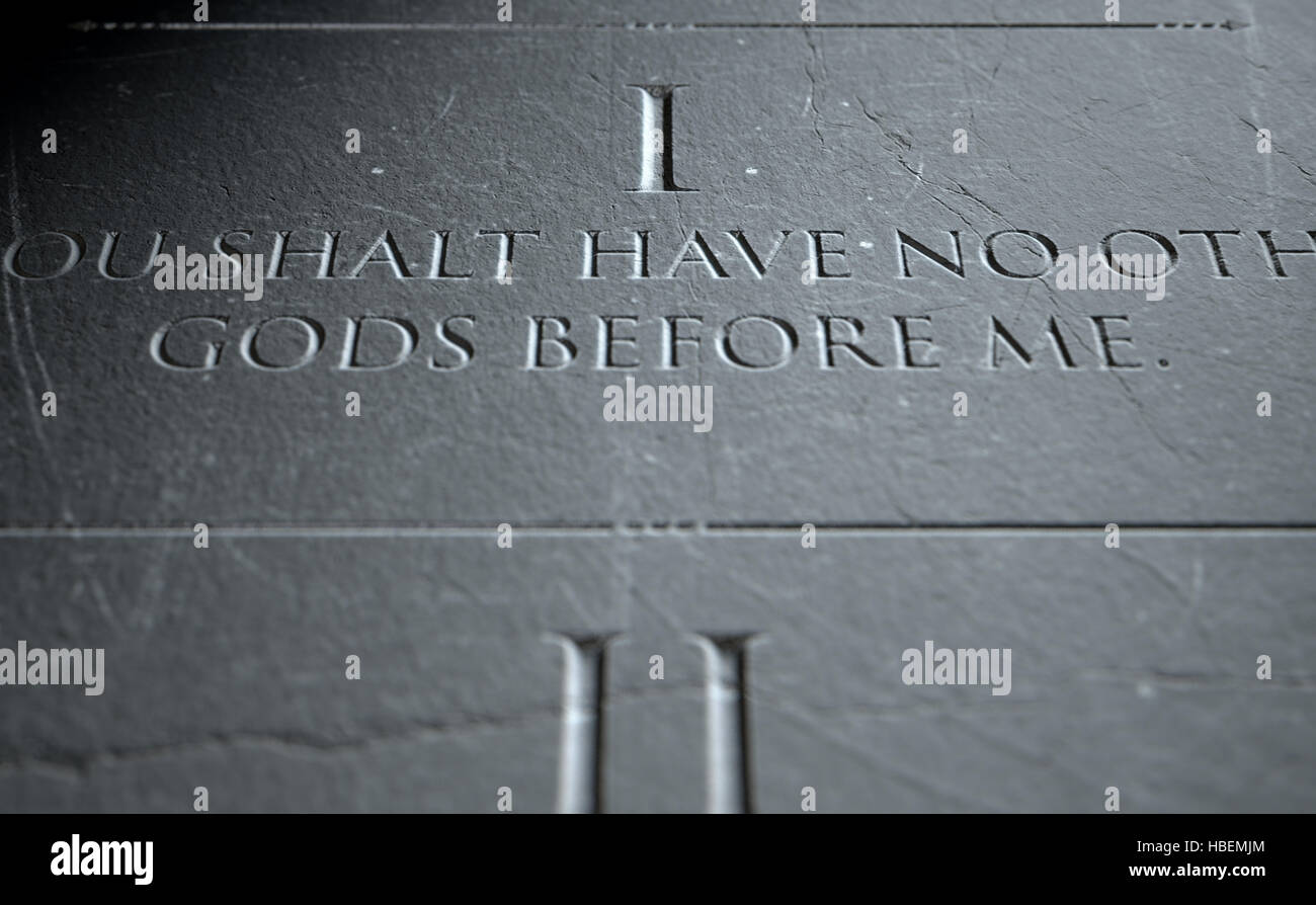 A 3D render of closeup of the ten commandments etched in a stone tablet ...