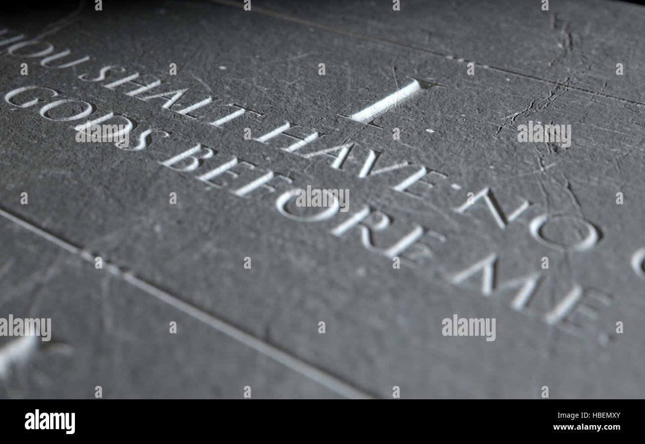 A 3D render of closeup of the ten commandments etched in a stone tablet ...