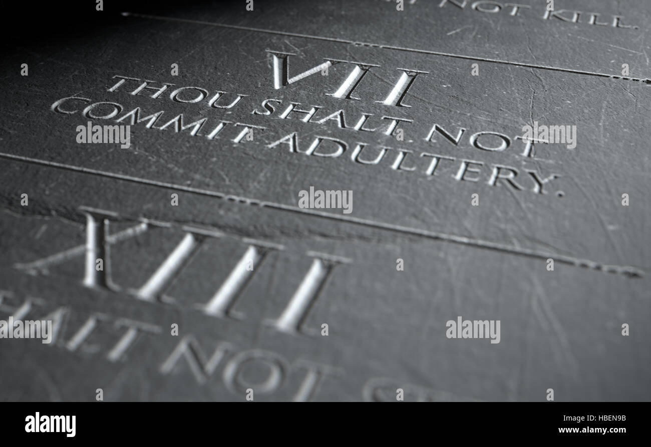 A 3D render of closeup of the ten commandments etched in a stone tablet ...