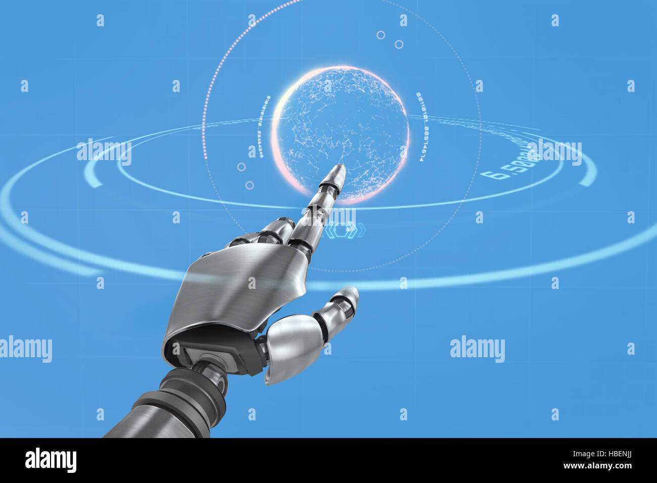 Composite image of silver robot arm pointing at something Stock Photo ...