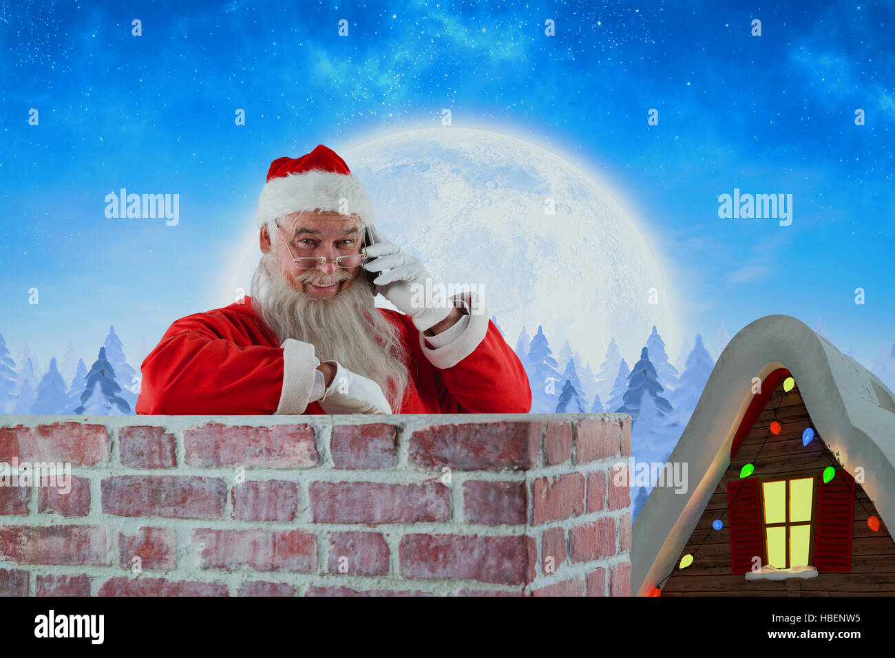 Composite image of santa claus standing beside chimney and talking on ...