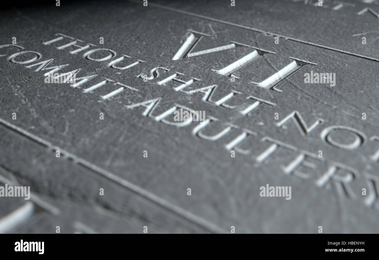 A 3D render of closeup of the ten commandments etched in a stone tablet ...