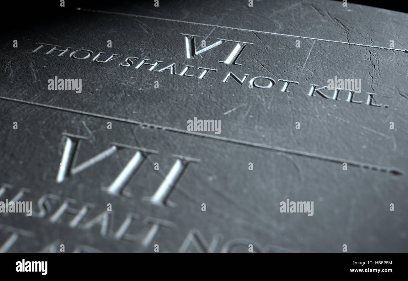 A 3D render of closeup of the ten commandments etched in a stone tablet ...