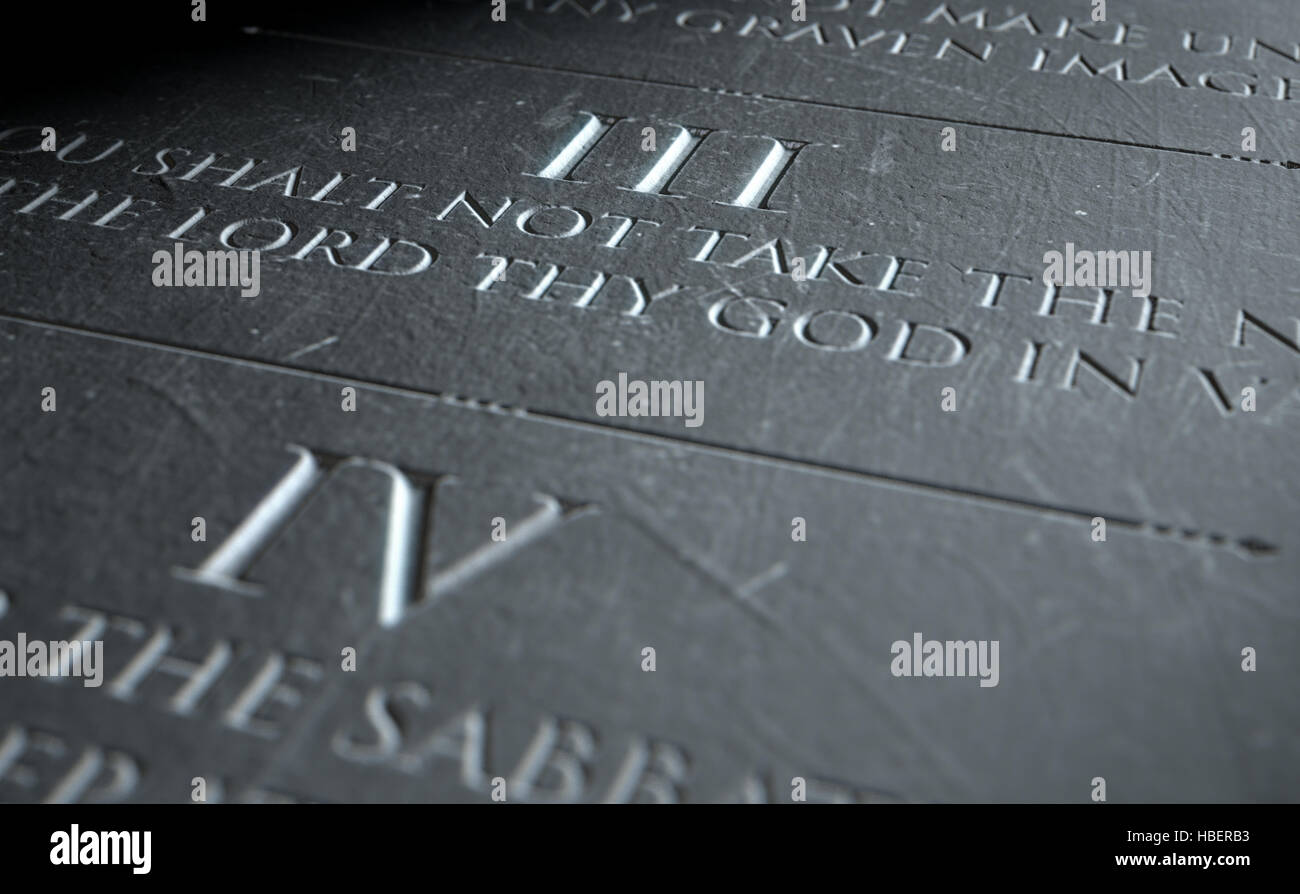 A 3D render of closeup of the ten commandments etched in a stone tablet ...