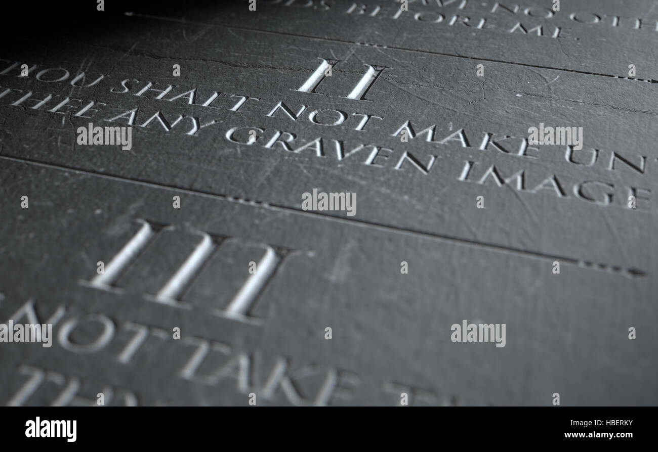 A 3D render of closeup of the ten commandments etched in a stone tablet ...
