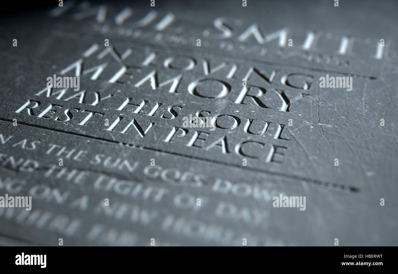 A 3D render of closeup of a carved and etched tombstone highlighting ...