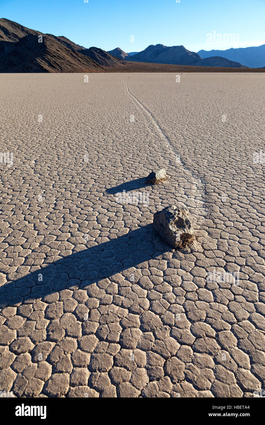 The trail left by a pair of sailing rocks on the Racetrack Playa in ...