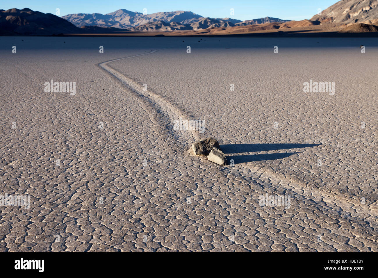 The trail left by a pair of sailing rocks on the Racetrack Playa in ...
