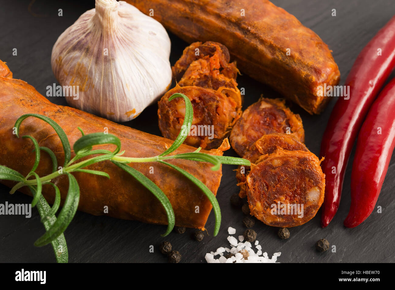 spanish traditional chorizo sausage, with fresh herbs Stock Photo - Alamy