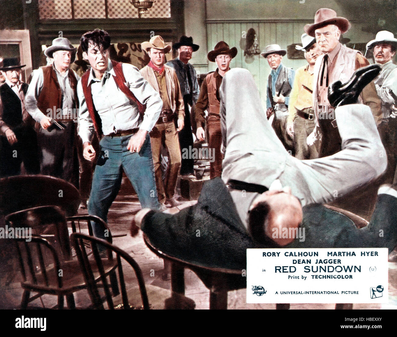 RED SUNDOWN, Rory Calhoun (front left), Robert Middleton (on table ...