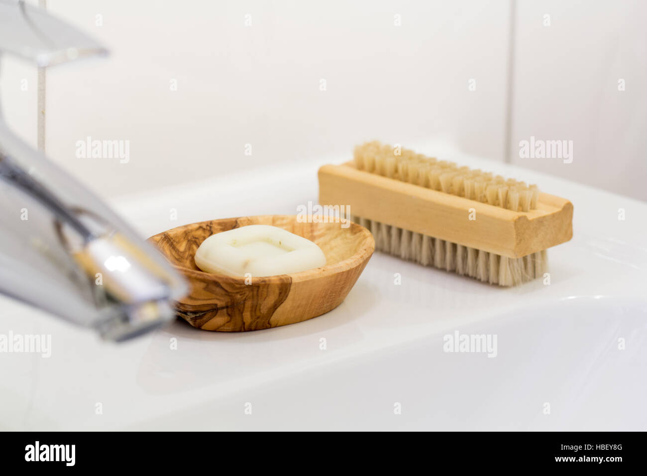 Basin area - soap and brush Stock Photo - Alamy