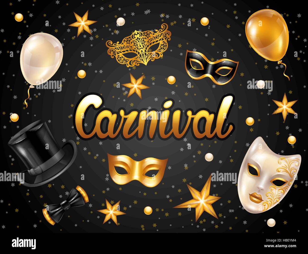Carnival invitation card with gold masks and decorations. Celebration ...
